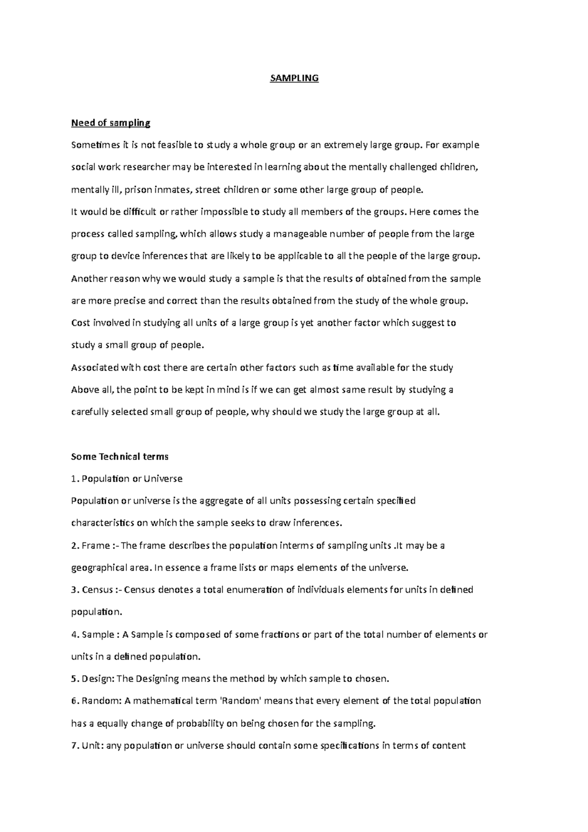 Research 4 - Guide notes - SAMPLING Need of sampling Sometimes it is ...