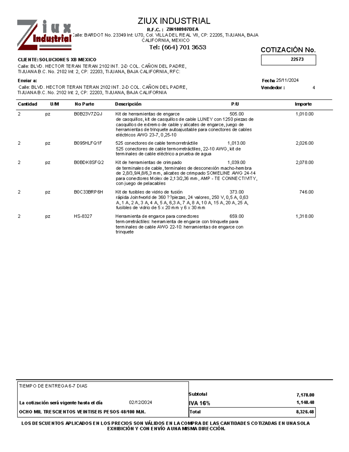 22573 - Liter - Enviar a: Calle: BLVD. HECTOR TERAN TERAN 2102 INT. 2-D COL. CAÑON DEL PADRE ...