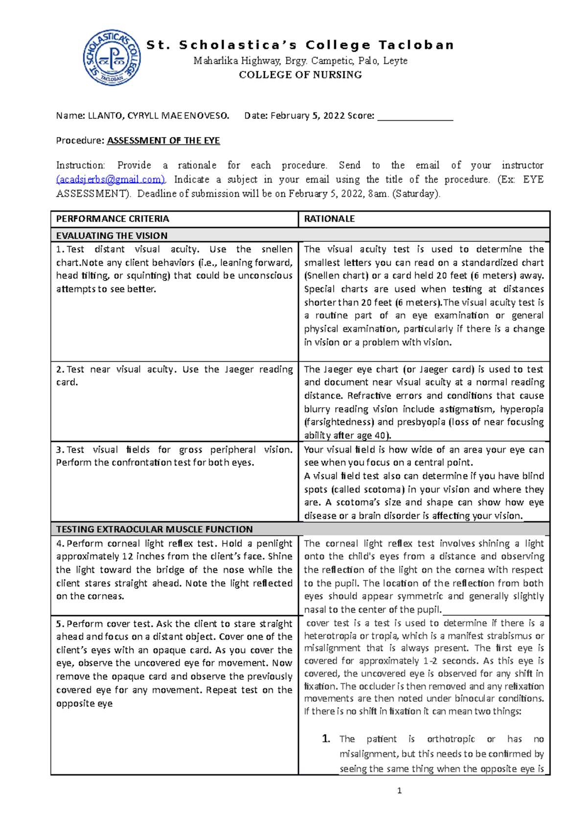 EYE Assessment In Health Assessment in EYES - S t. S c h o l a s t i c ...