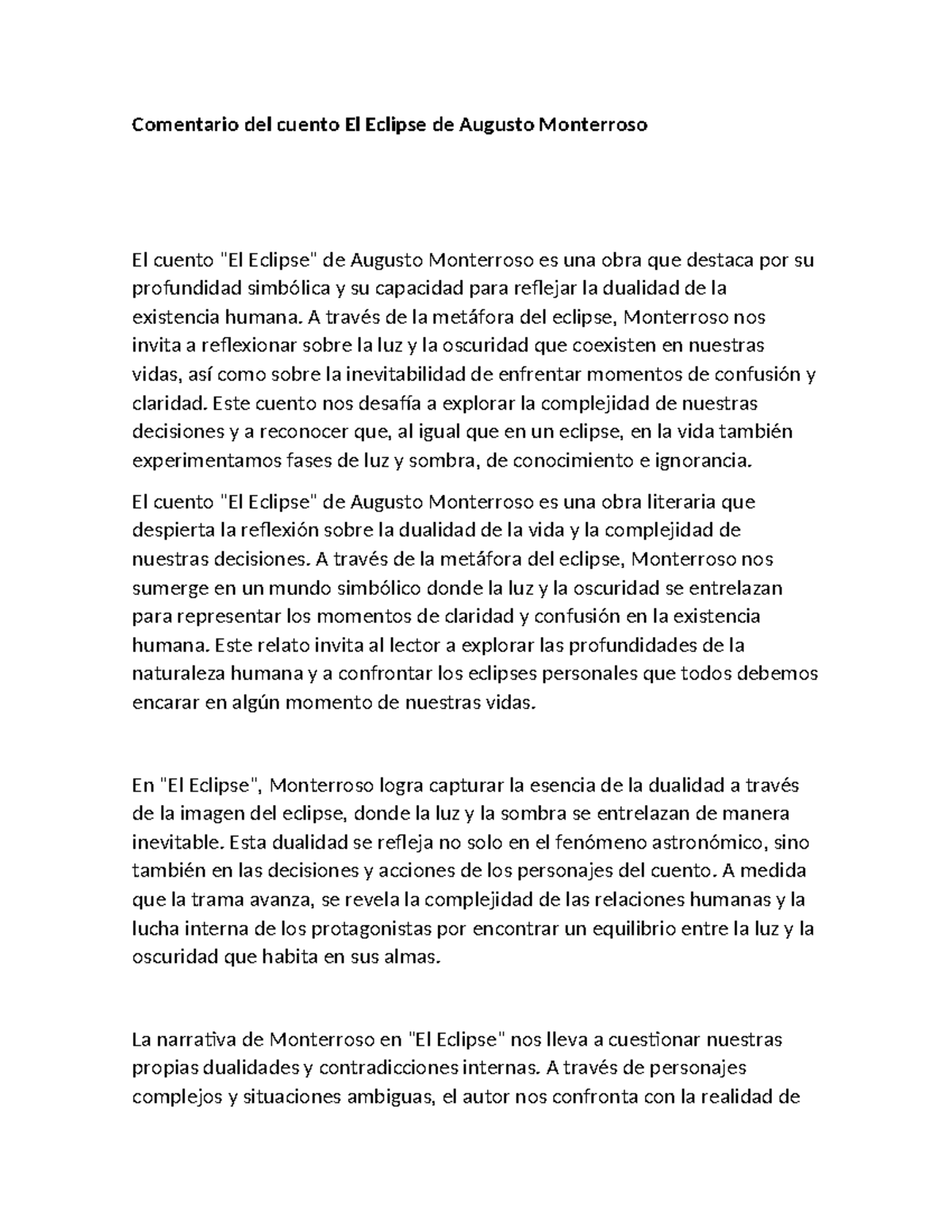 Trabajo final de español 1 - Comentario del cuento El Eclipse de ...
