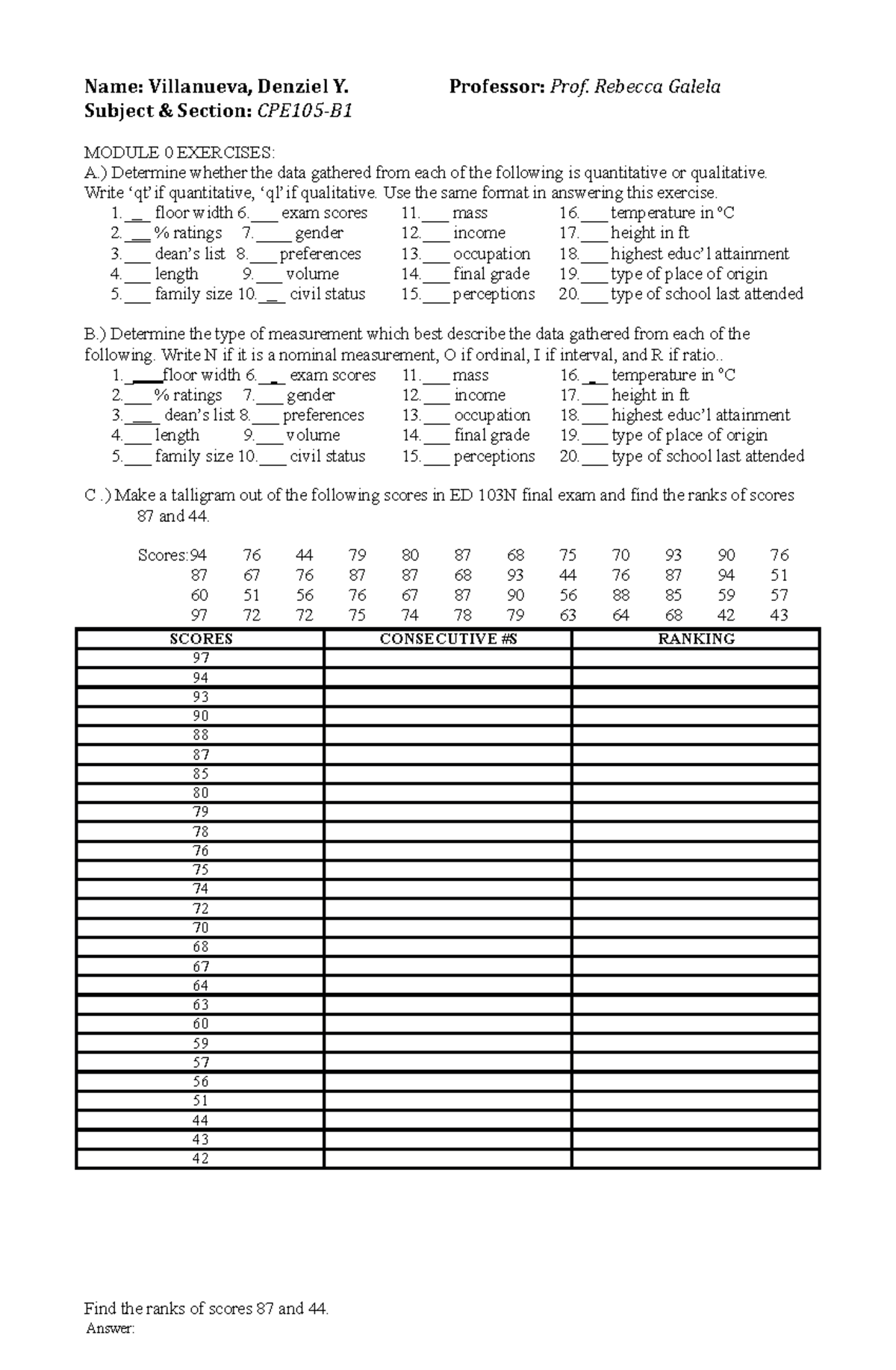 CPE105-B1 Module 0 Exercises - Orig - Name: Villanueva, Denziel Y: Prof. Rebecca Galela Subject ...