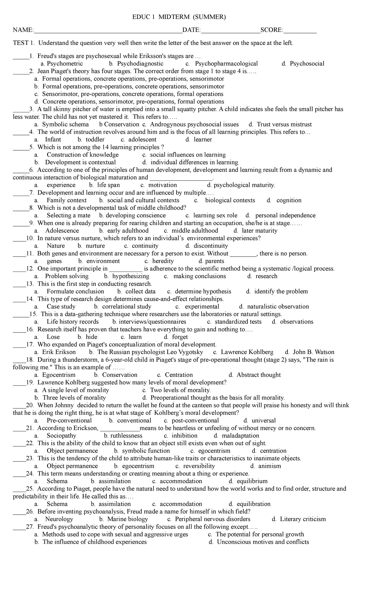 Educ 1 midterm - 75 item test on The Child and Adolescent Learners and ...