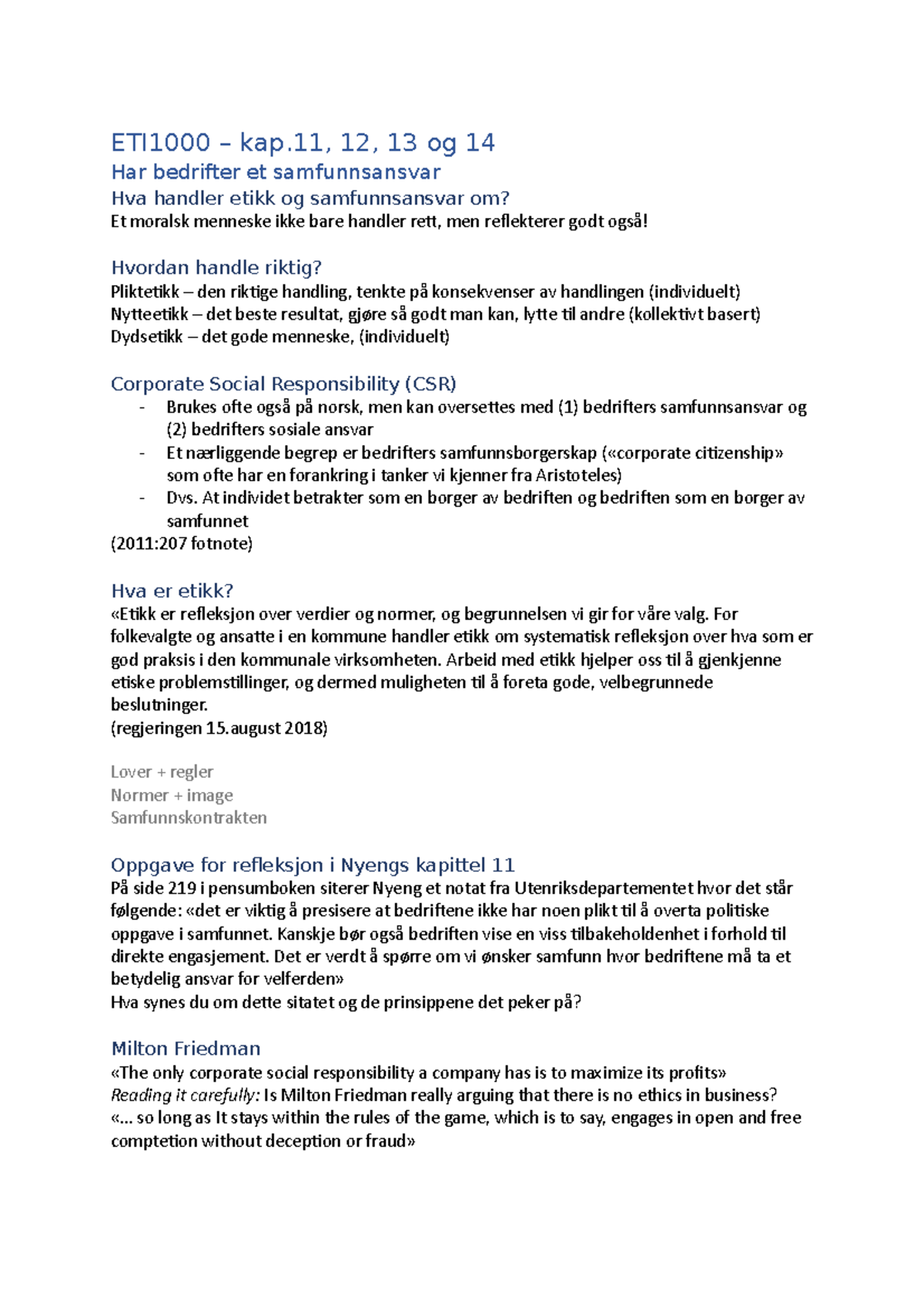 ETI1000 - kap.11, 12, 13 og 14 - ETI1000 – kap, 12, 13 og 14 Har bedrifter et samfunnsansvar Hva ...