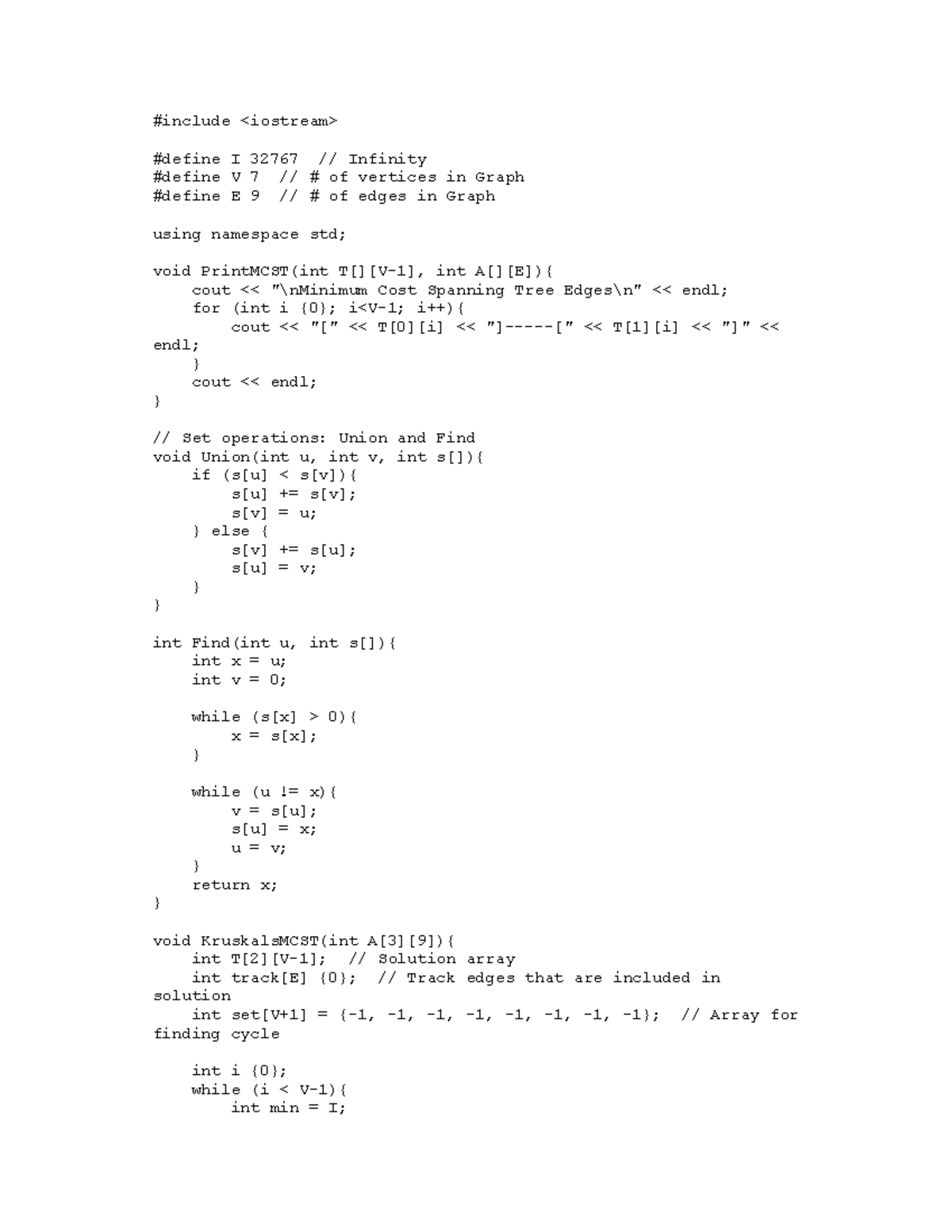 Kruskals Algorithm code in C++ language - #include #define I 32767 ...