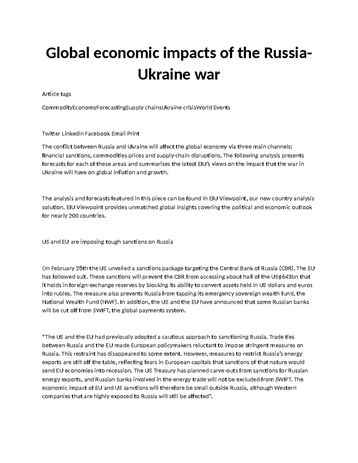 Global economic impacts of the Russia - Global economic impacts of the ...