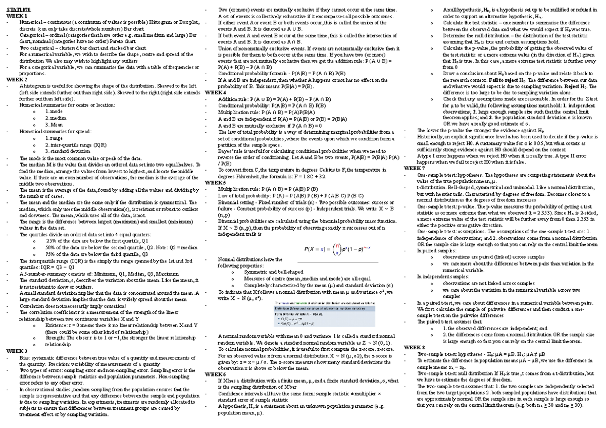 STAT1070 Week 1-3: Numerical and Categorical Data Analysis - Studocu