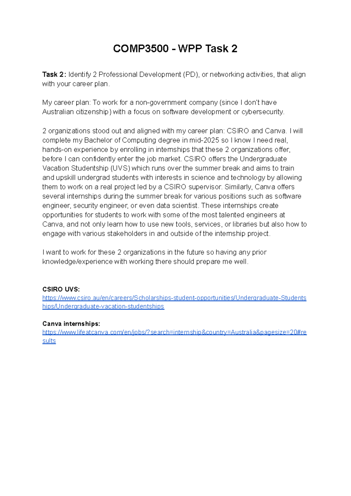 COMP3500 - WPP Task 2 - Workshop Task 2 - COMP3500 - WPP Task 2 Task 2: Identify 2 Professional ...