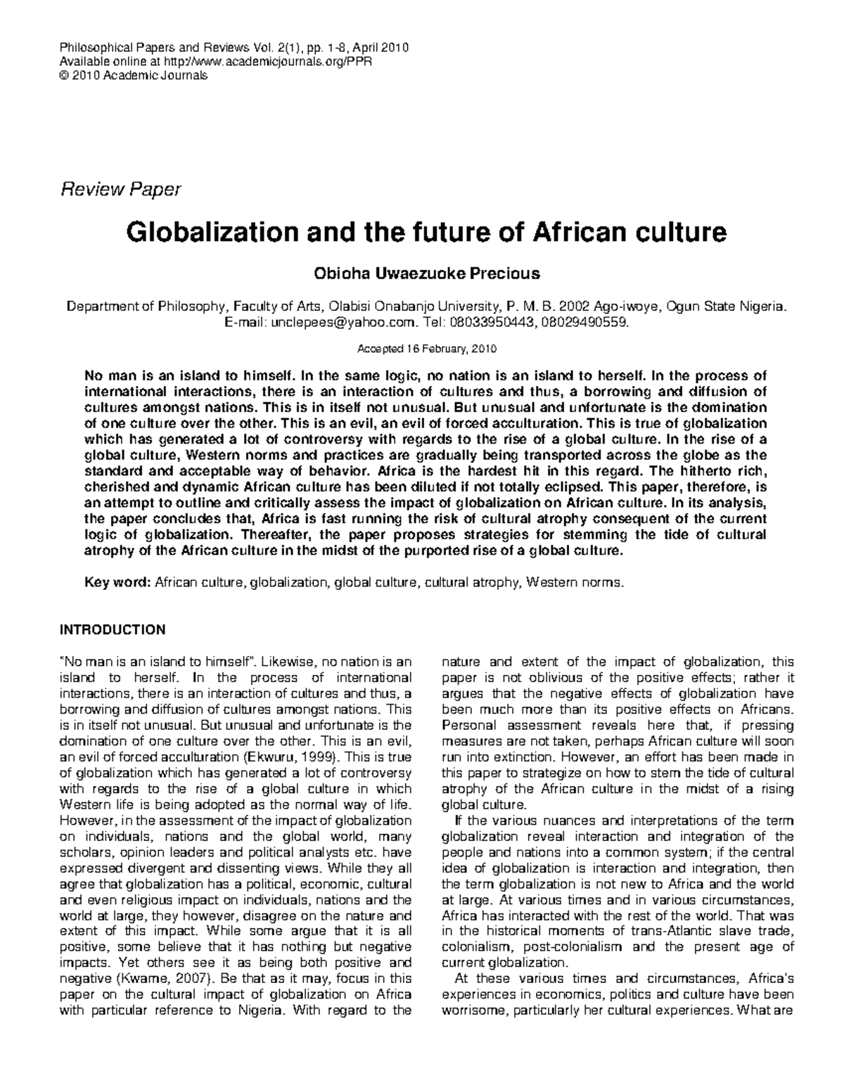 Globalizing African Culture - Philosophical Papers and Reviews Vol. 2(1 ...