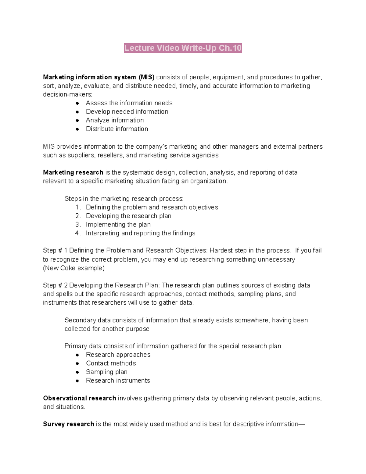 Lecture Video Write-Up ch 10 - Marketing information system (MIS ...