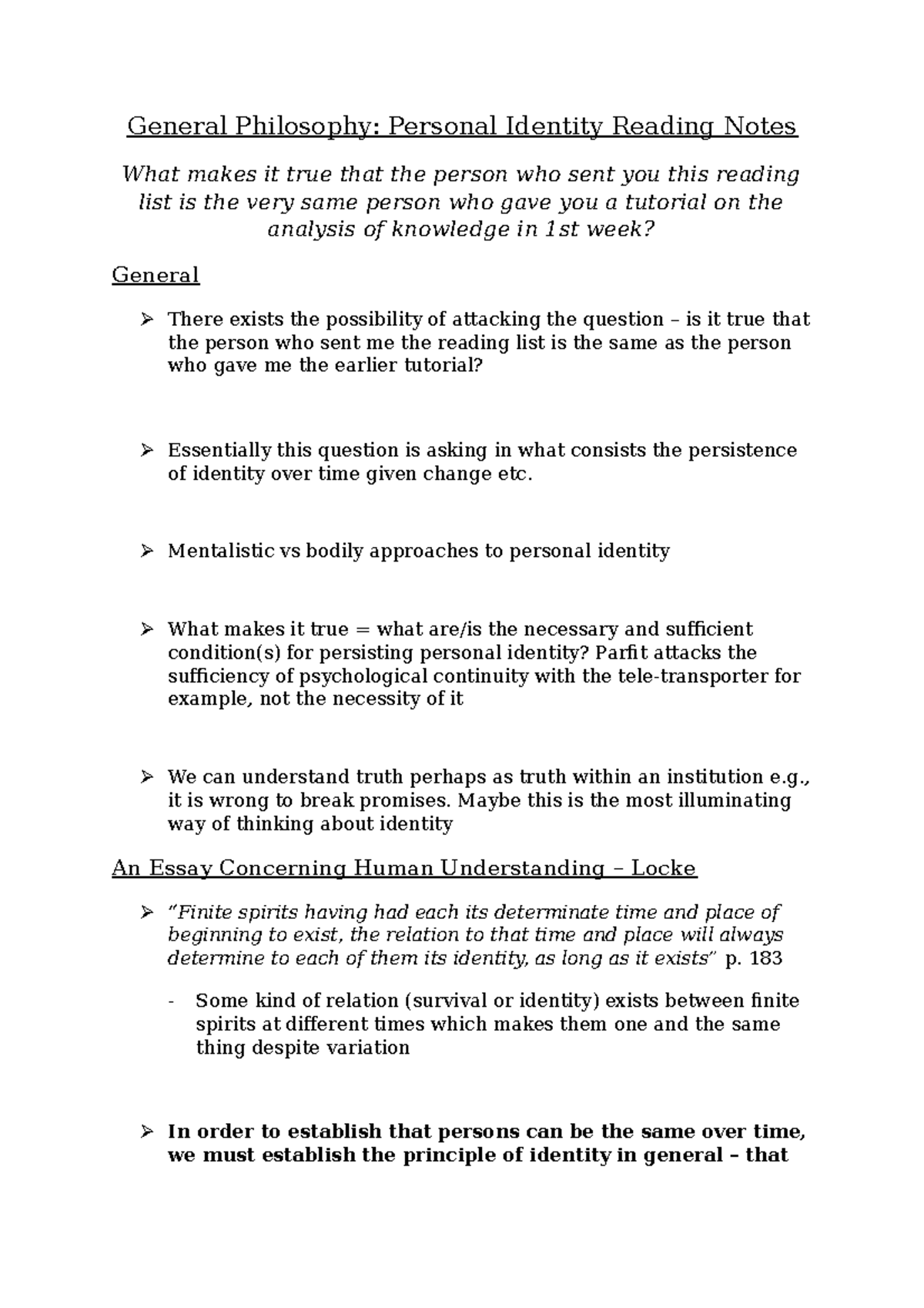 Personal Identity Reading Notes Gen Phil - General Philosophy: Personal ...