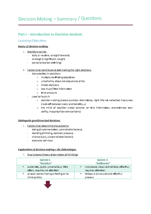 Sample Exam Questions Chapter I - Managerial Analytics and Decision ...