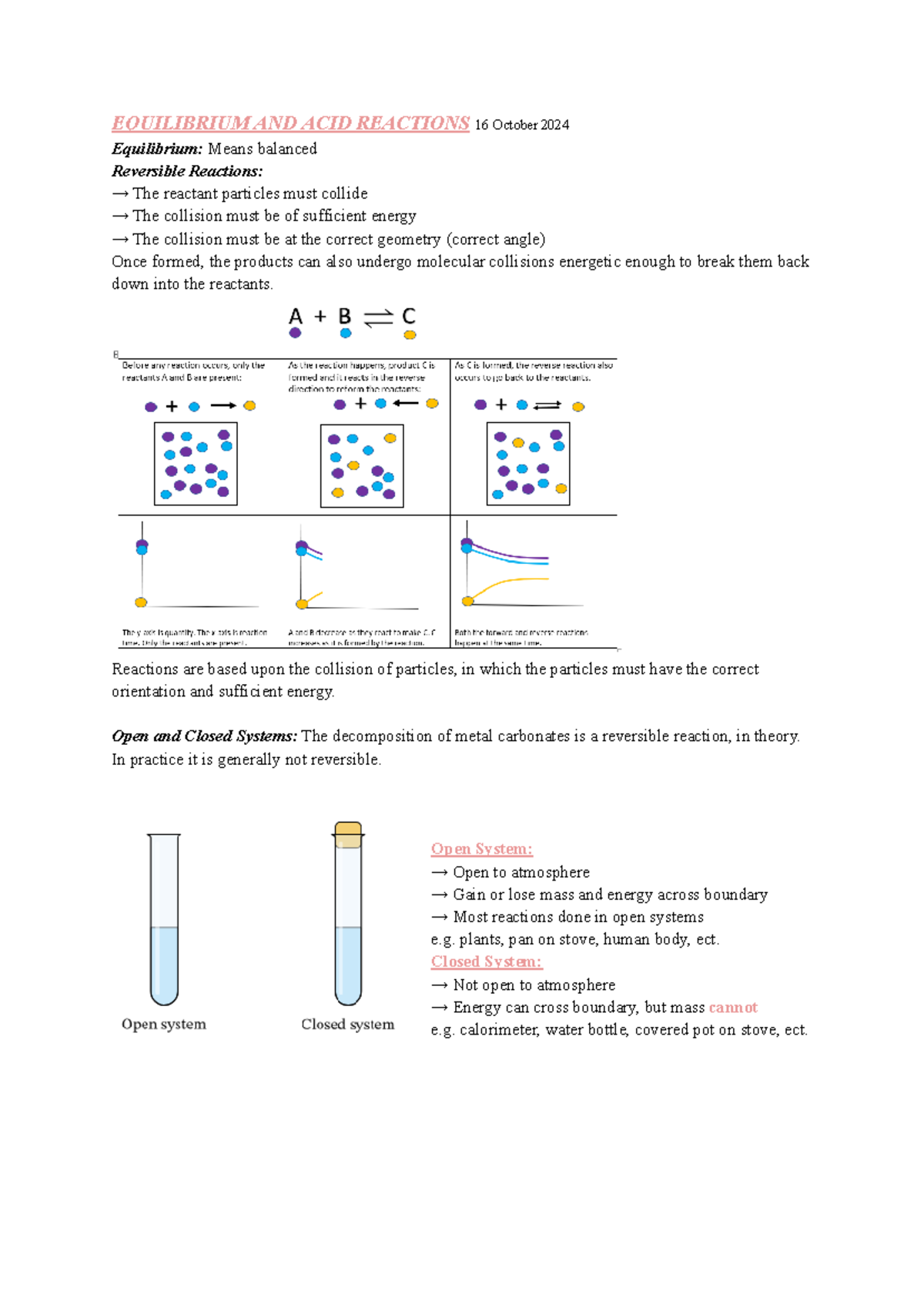 Chemistry Year 12 - EQUILIBRIUM AND ACID REACTIONS 16 October 2024 ...