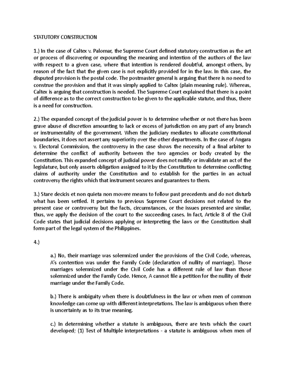 QUIZ STAT - Statutory Construction - STATUTORY CONSTRUCTION 1.) In the ...