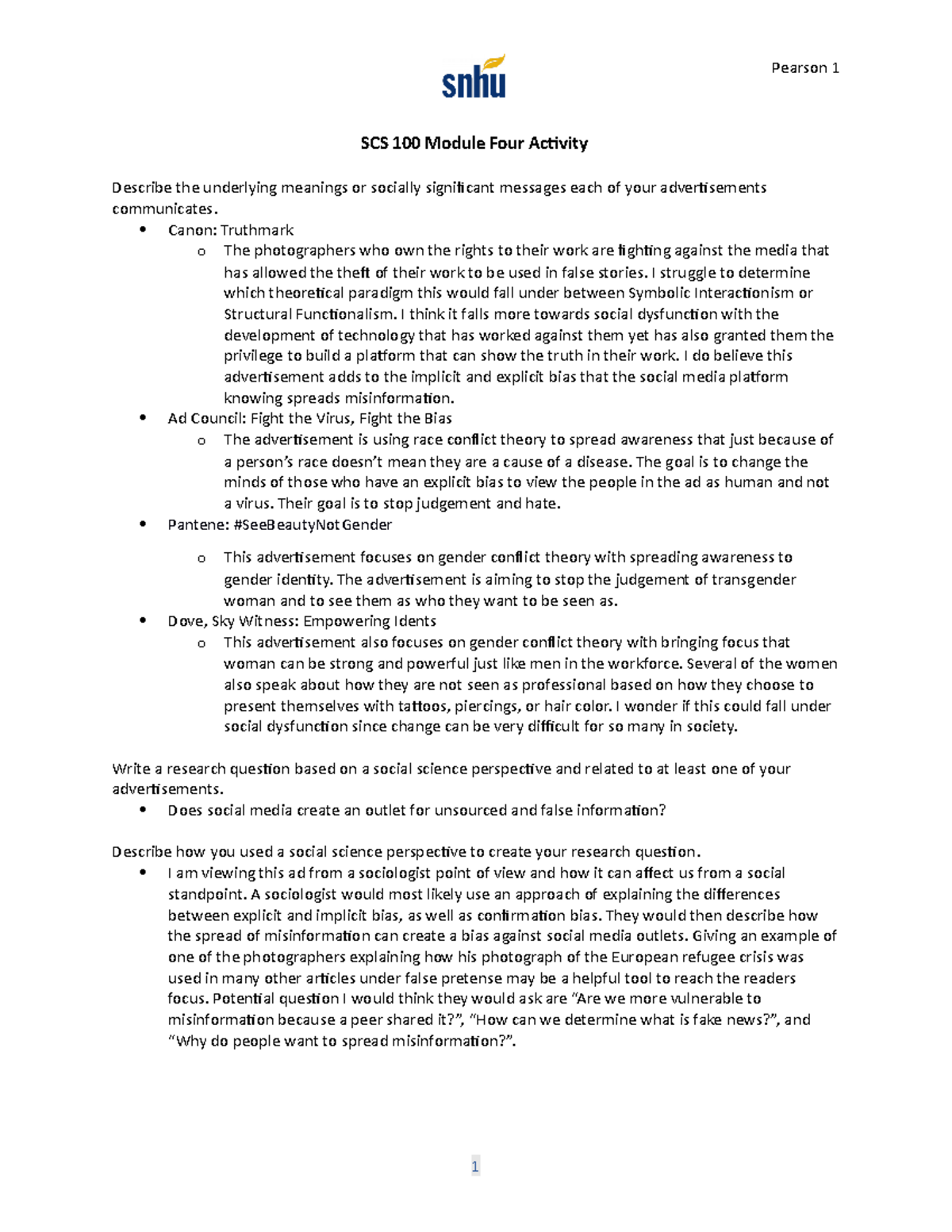 SCS 100 Module Four Activity Assignment- Christina Pearson - Pearson 1 SCS 100 Module Four ...