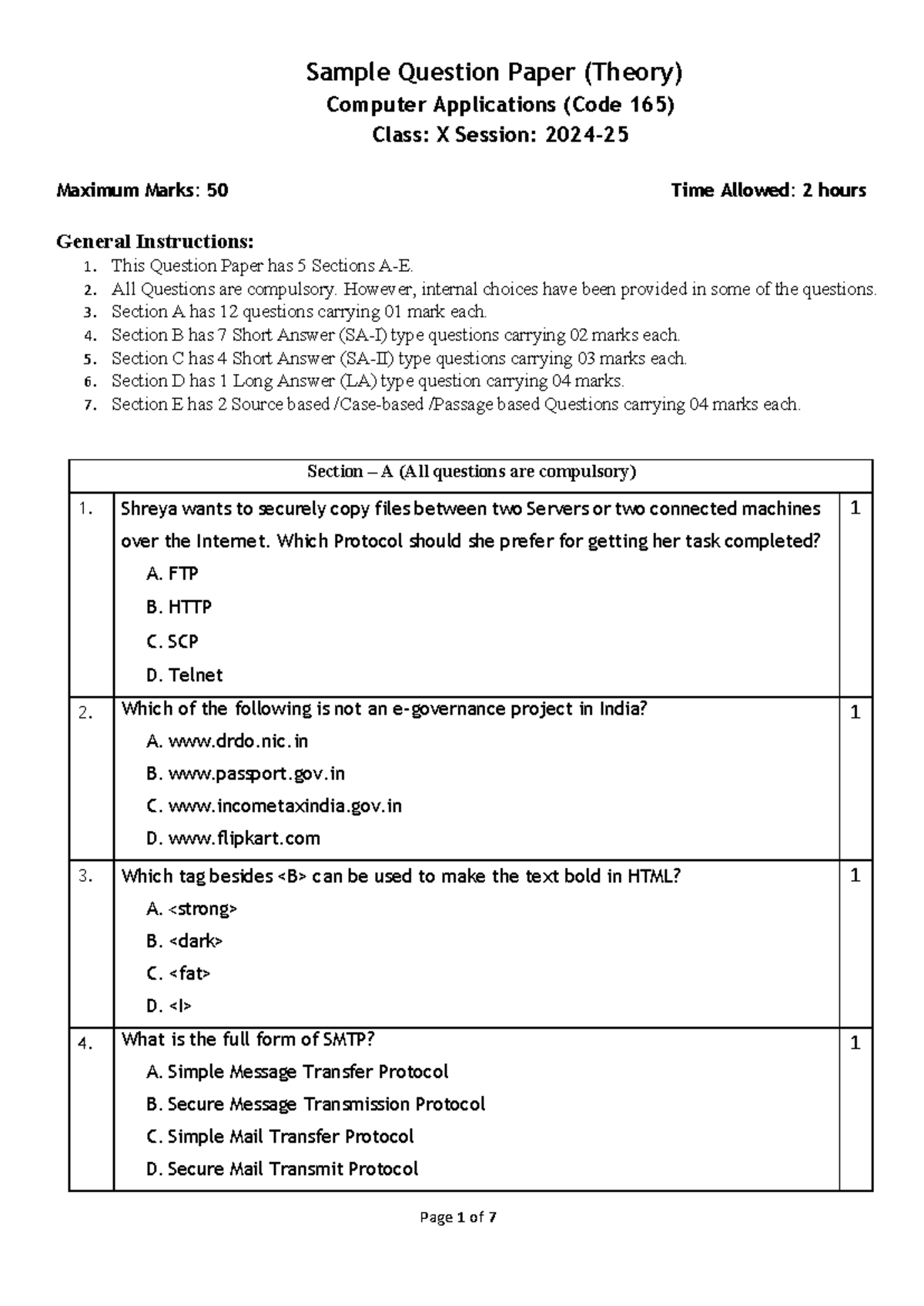 Computer Application Sqp Sample Question Paper Theory Computer Applications Code 165 Class