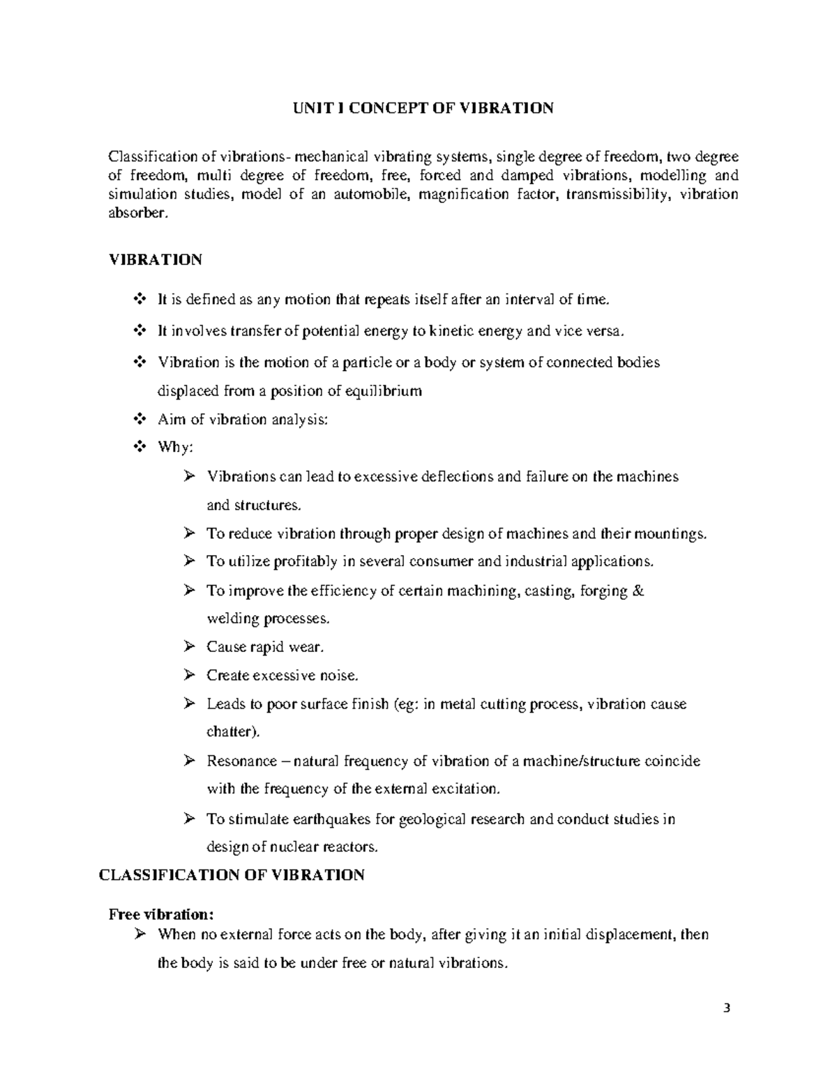 Concept OF Vibration notes - UNIT I CONCEPT OF VIBRATION Classification ...