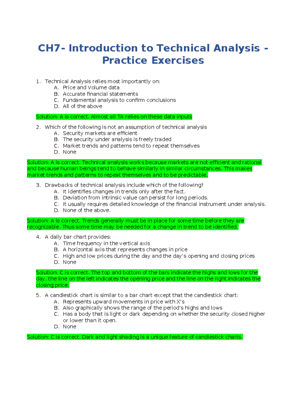 Chapter 7- Practice Problems- Solution - CH7- Introduction to Technical Analysis - Practice ...