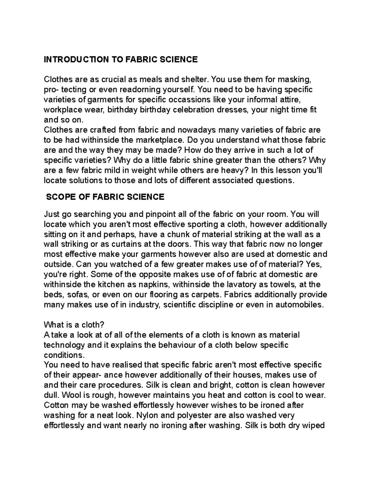 Introduction TO Fabric Science - INTRODUCTION TO FABRIC SCIENCE Clothes ...