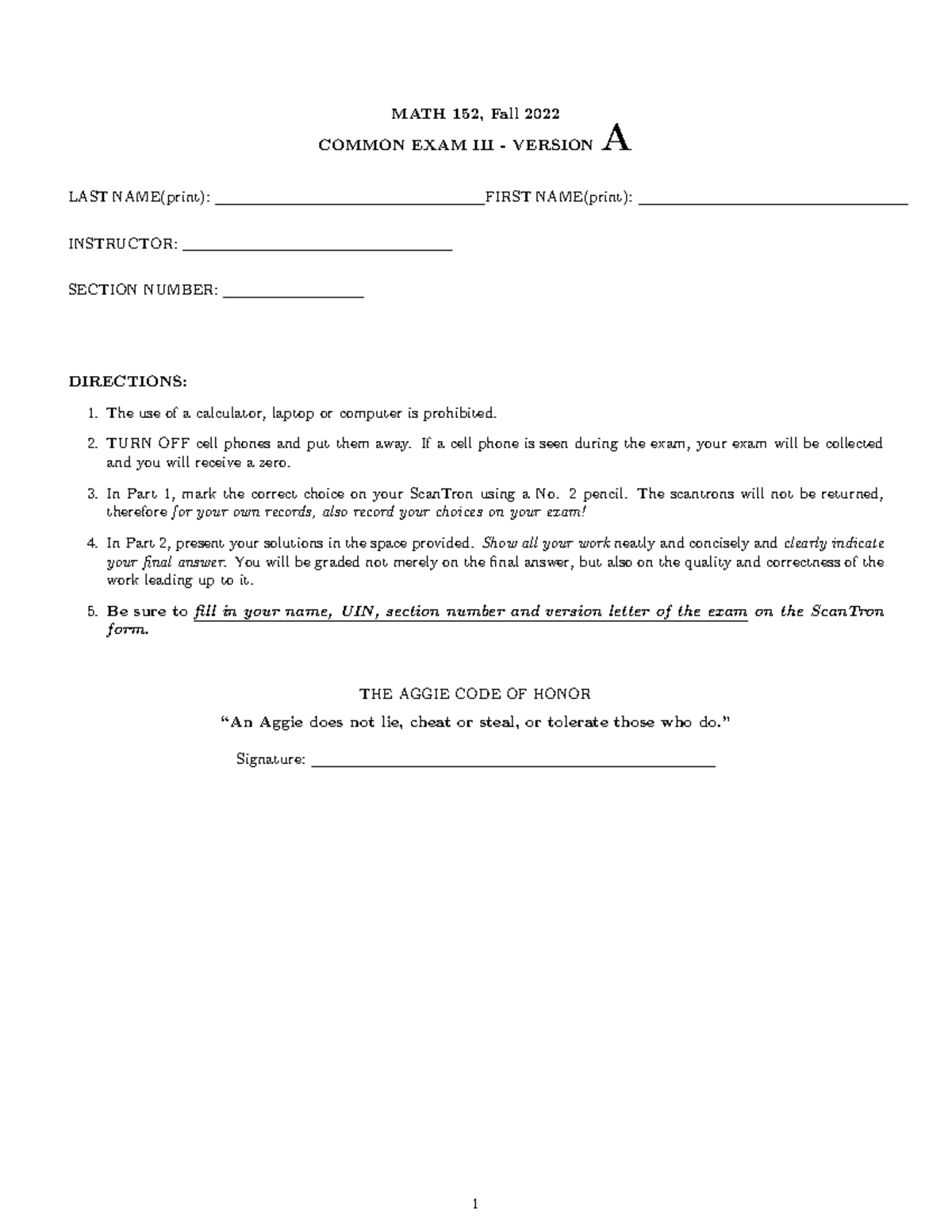 Cal 2 Practice Exam - MATH 152, Fall 2022 COMMON EXAM III - VERSION A ...