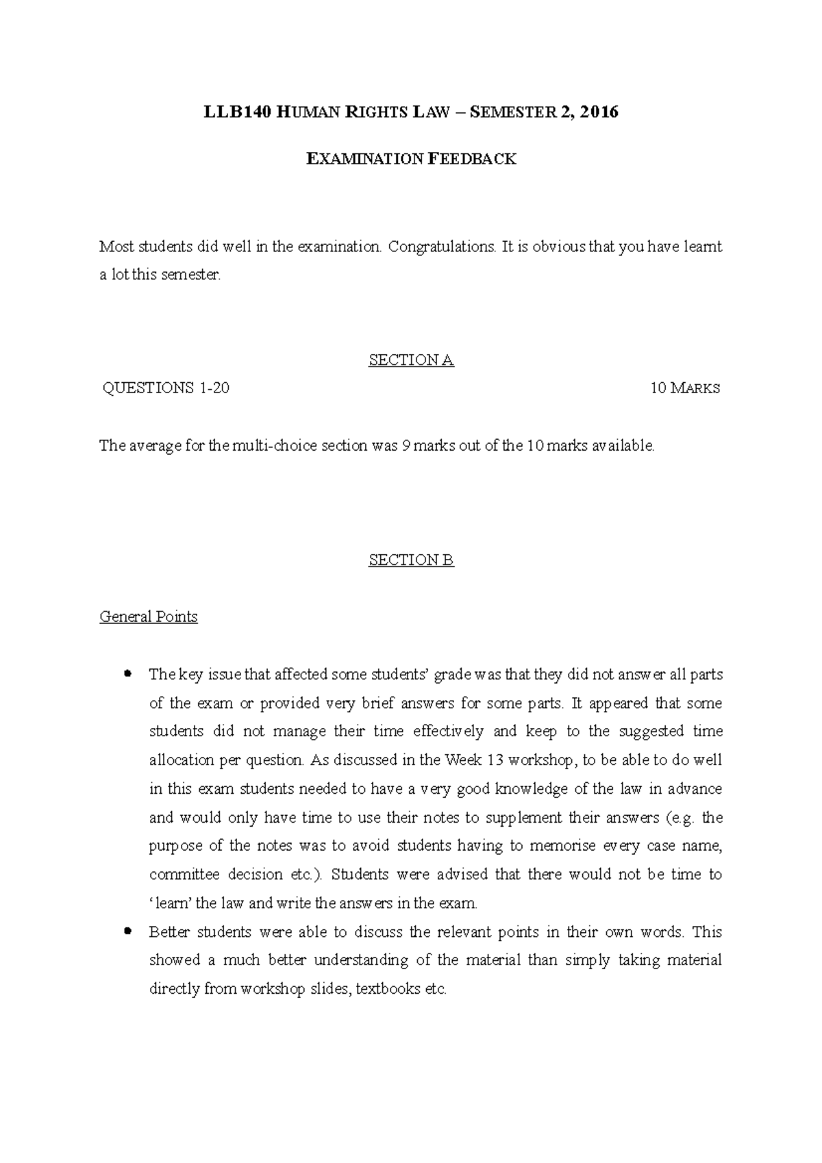 2016 Exam Feedback(1) - LLB140 HUMAN RIGHTS LAW – SEMESTER 2, 2016 ...