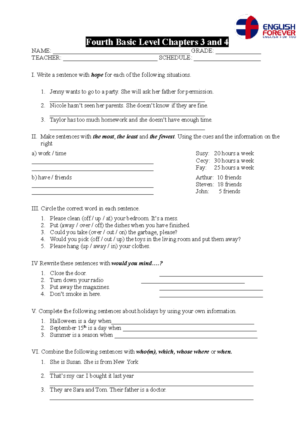 Basic 4. Ch 3 and 4 - AAA - Fourth Basic Level Chapters 3 and 4 NAME ...