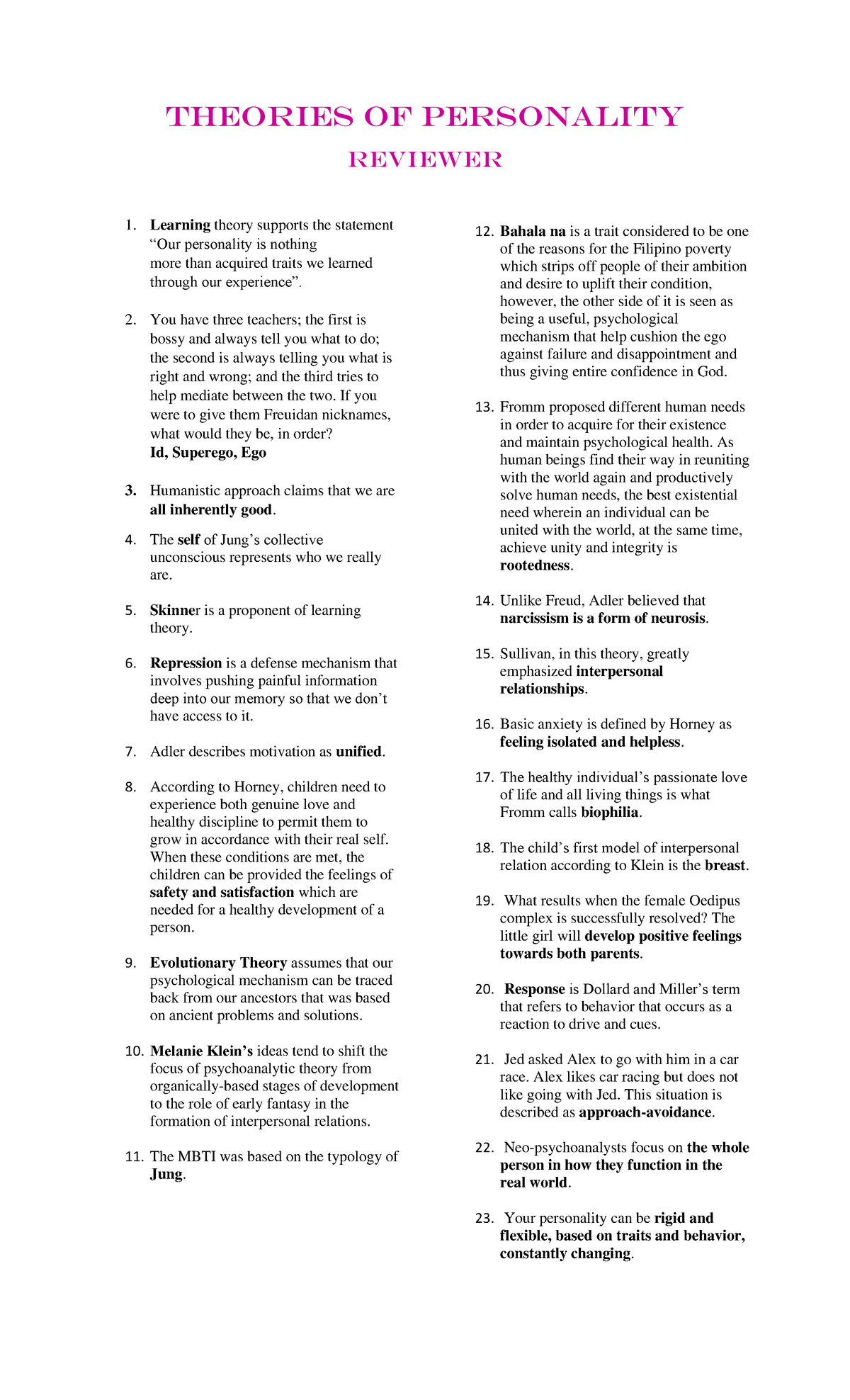 TOP- Reviewer - THEORIES OF PERSONALITY REVIEWER Learning theory ...