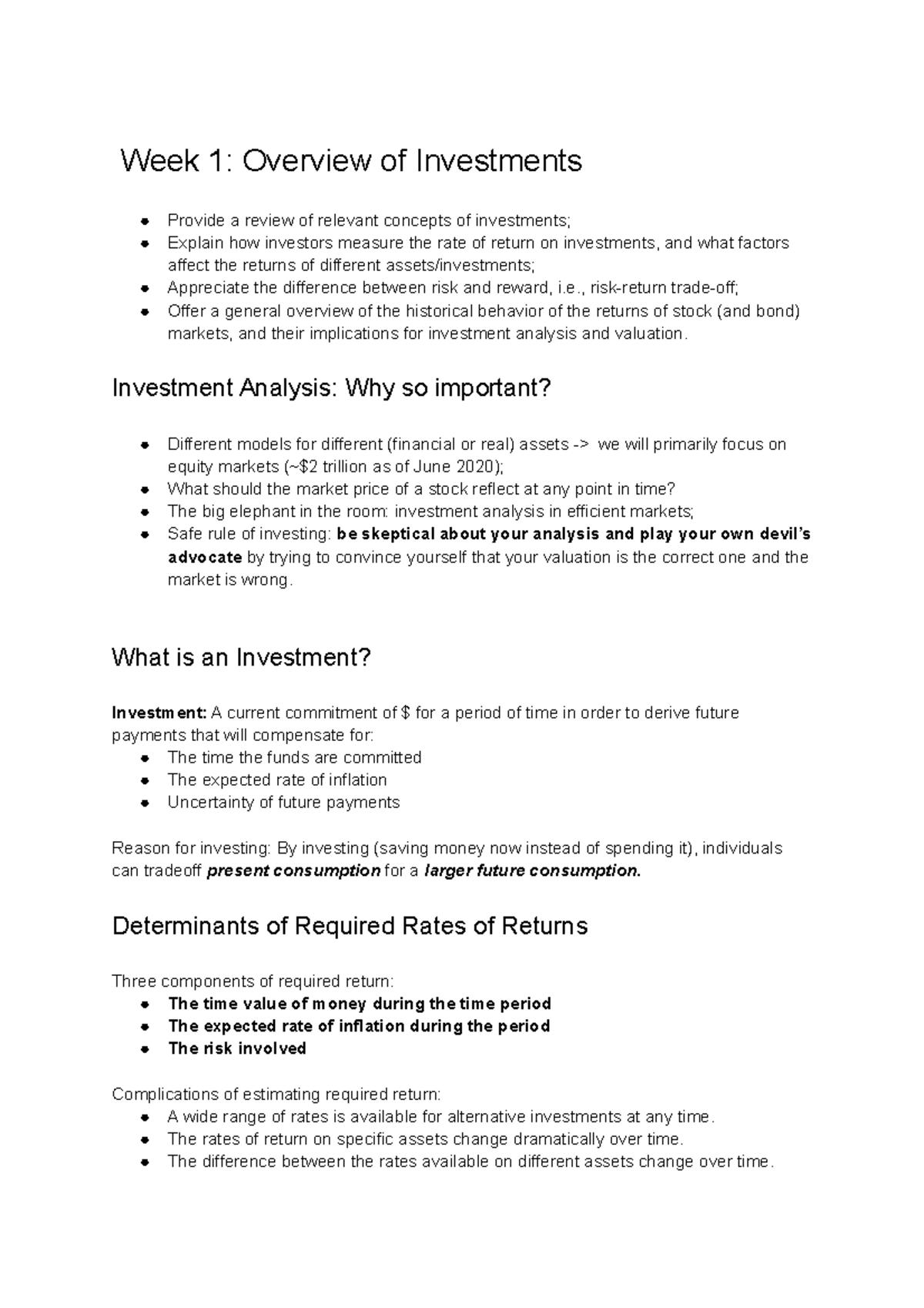 Investment Analysis Notes S20 - Week 1: Overview of Investments Provide ...