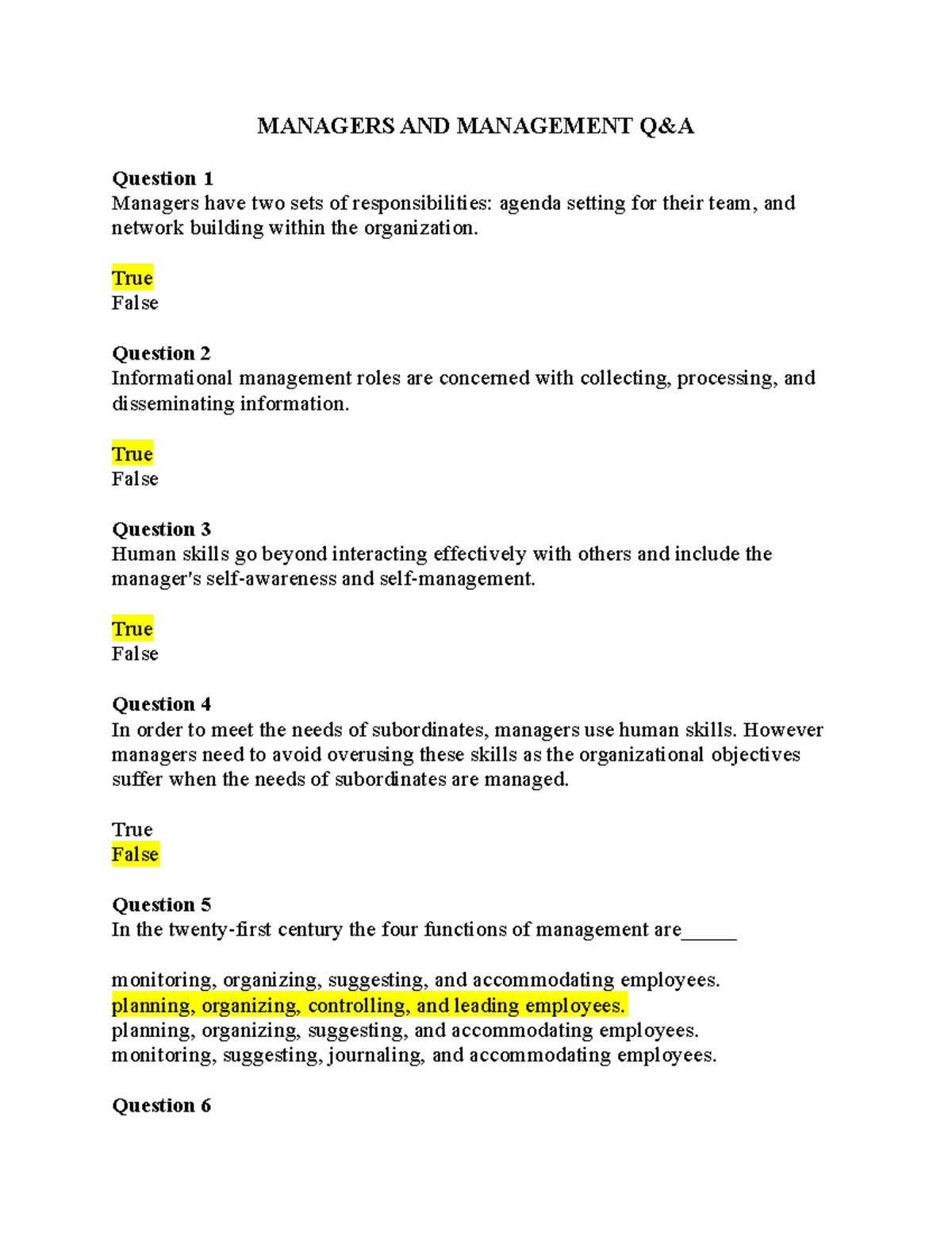 Managers and management - MANAGERS AND MANAGEMENT Q&A Question 1 ...
