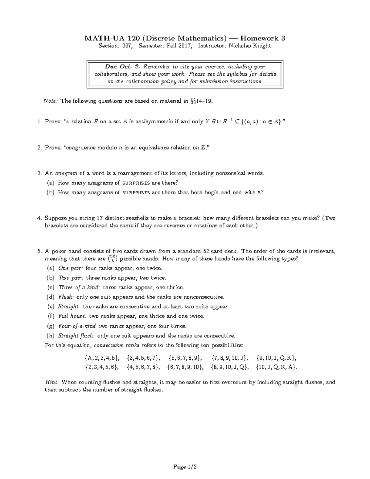 Homework 3 - Professor Knight HW #3 Fall 2017 - MATH-UA 120 (Discrete ...
