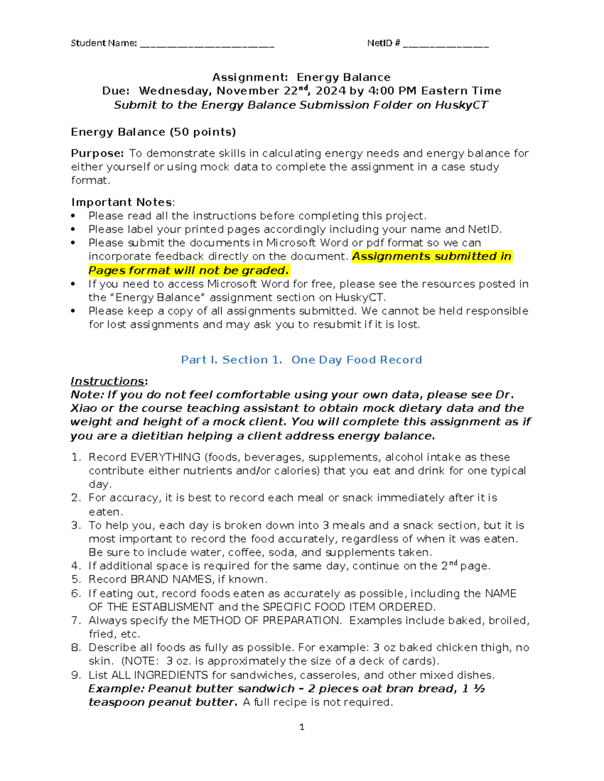 NUSC 1165 Energy Balance Assignment Template Fall 2024 - Assignment ...