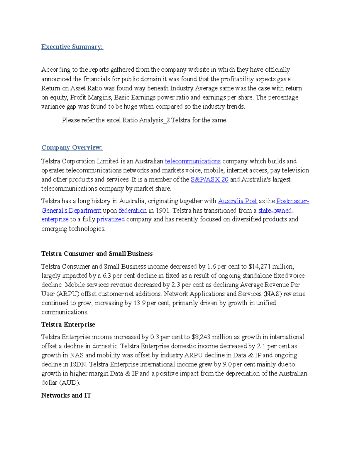 Telstra - Grade: B+ - Executive Summary: According to the reports ...