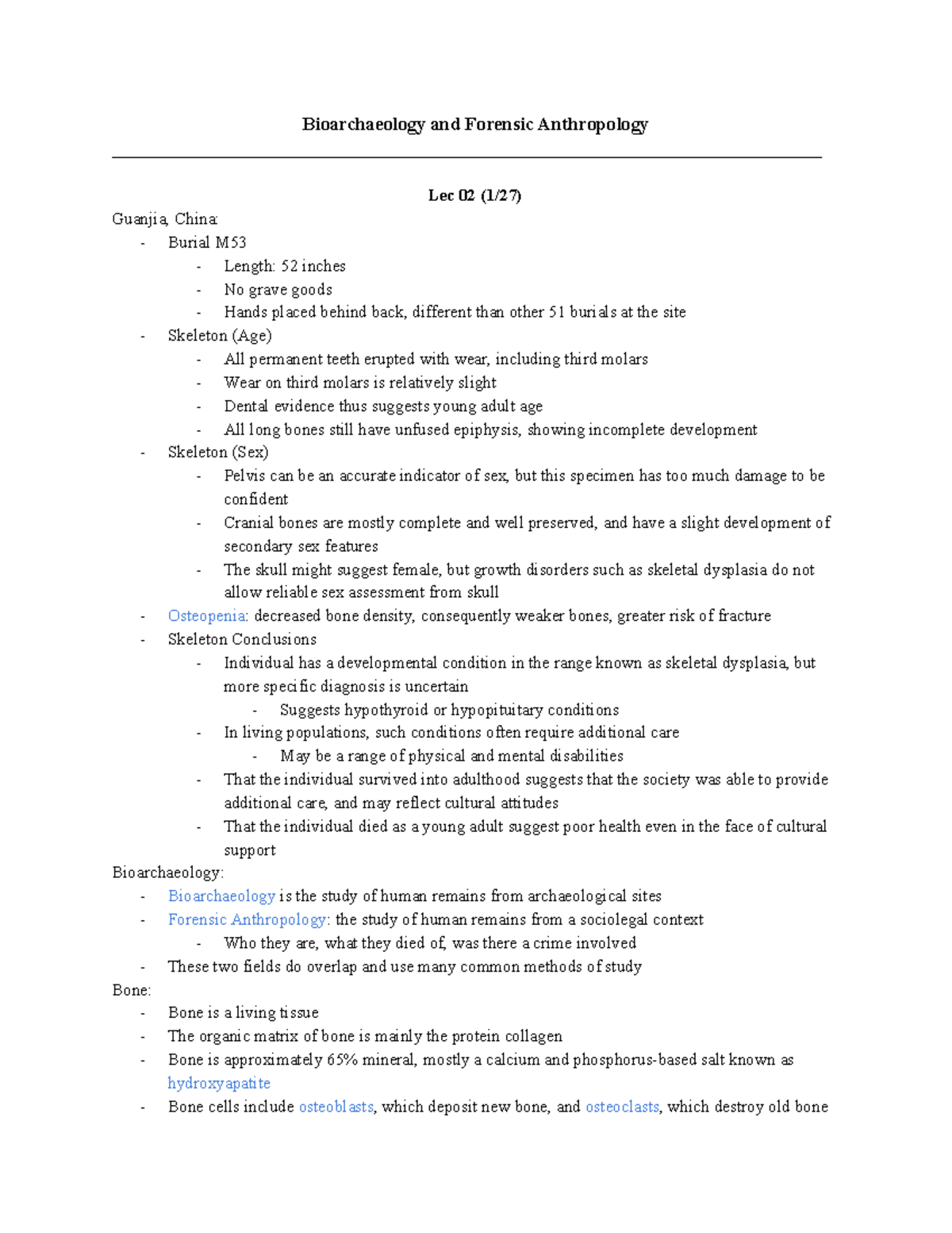 Lab Notes - Bioarchaeology and Forensic Anthropology - Studocu
