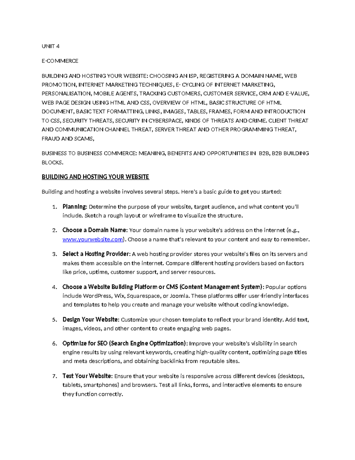 UNIT 4 E- Commerce - UNIT 4 E-COMMERCE BUILDING AND HOSTING YOUR ...