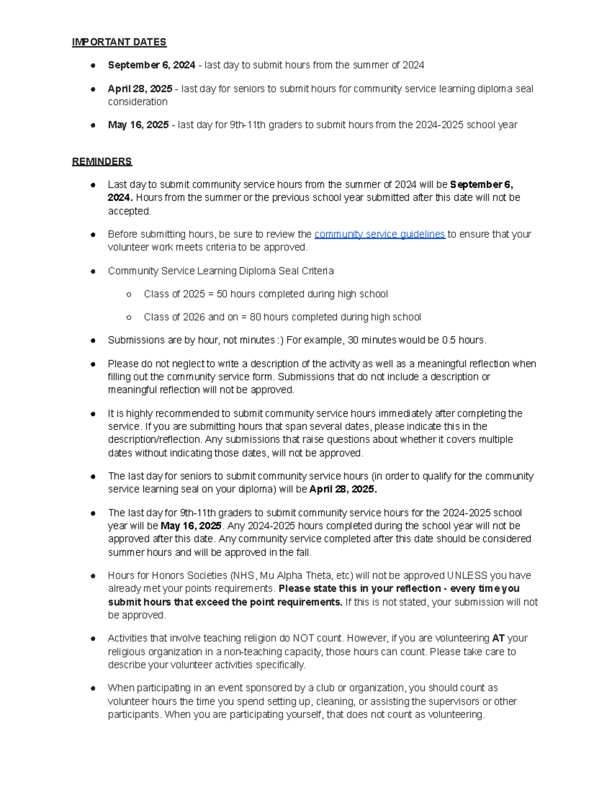Community Service Reminders 24-25 1 - IMPORTANT DATES September 6, 2024 ...