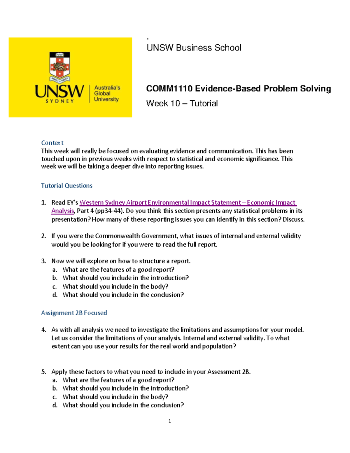 COMM1110 Tutorial Problems - W 10 - 1 , UNSW Business School COMM1110 Evidence-Based Problem ...