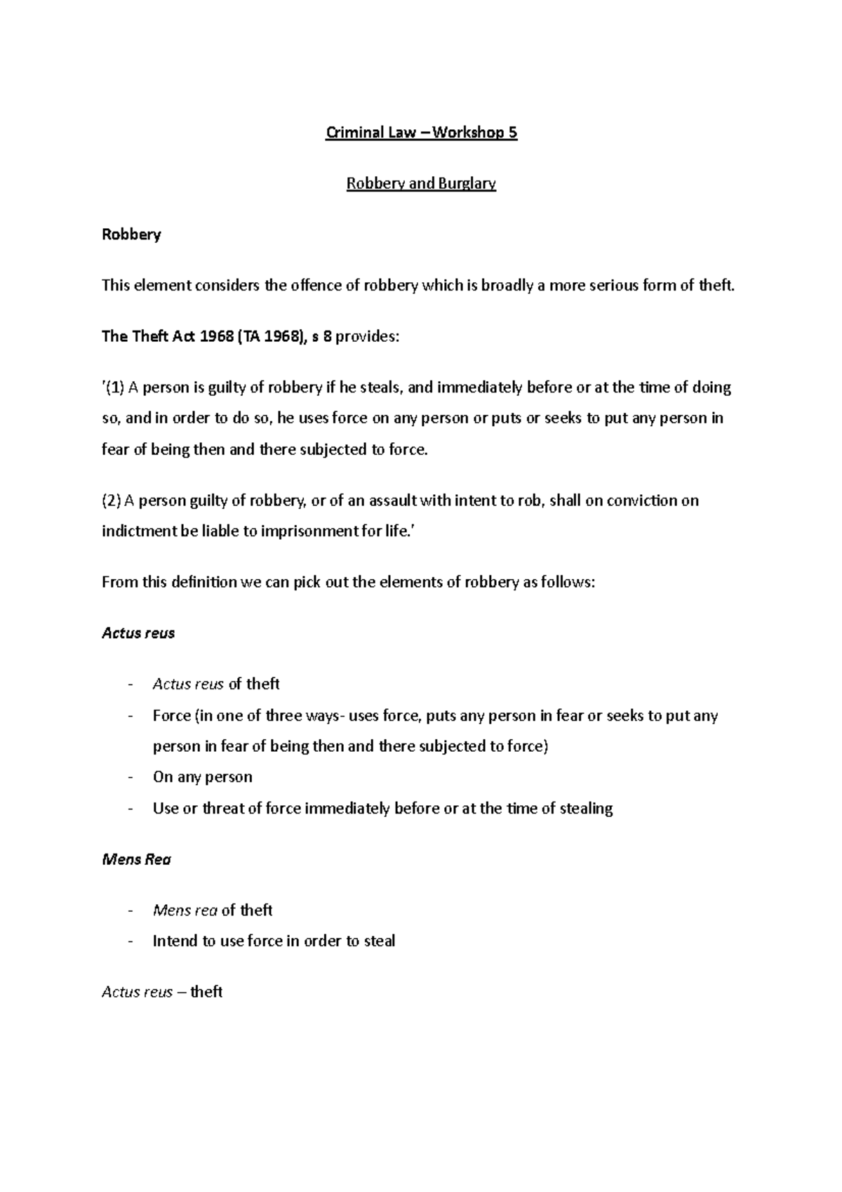 Criminal Law - W5 - Lecture notes 5 - Criminal Law – Workshop 5 Robbery ...