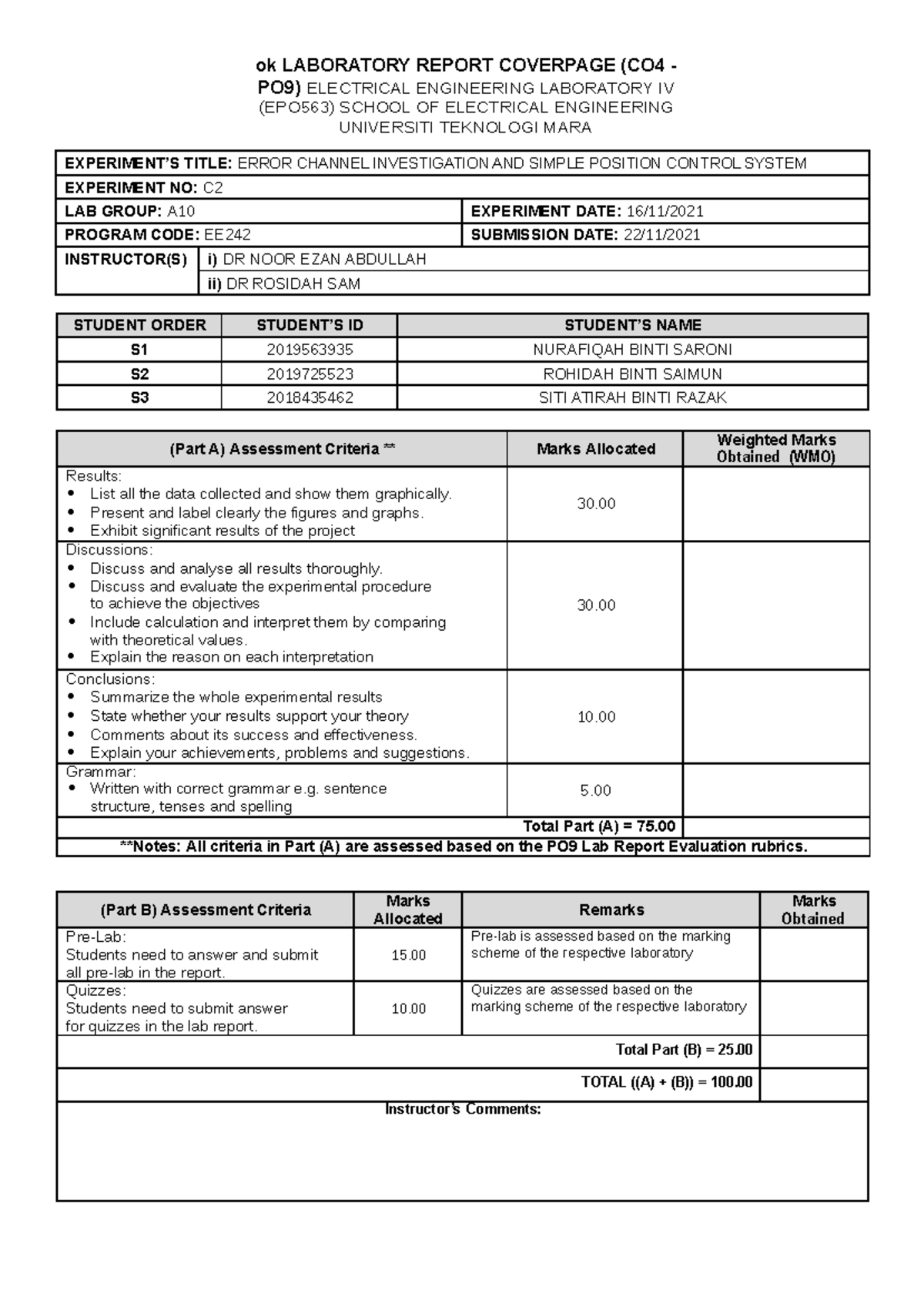C2 A10 Prelab - LAB MANUAL - ok LABORATORY REPORT COVERPAGE (CO4 - PO9 ...