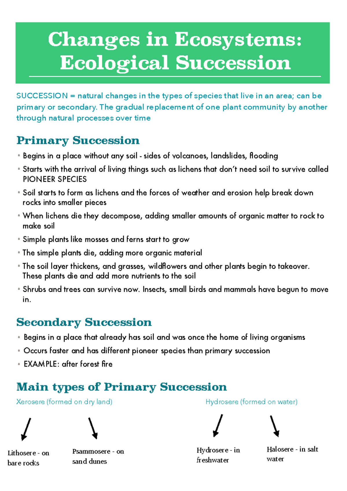 Revision Notes 3 - Ecological Succession - SUCCESSION = natural changes ...