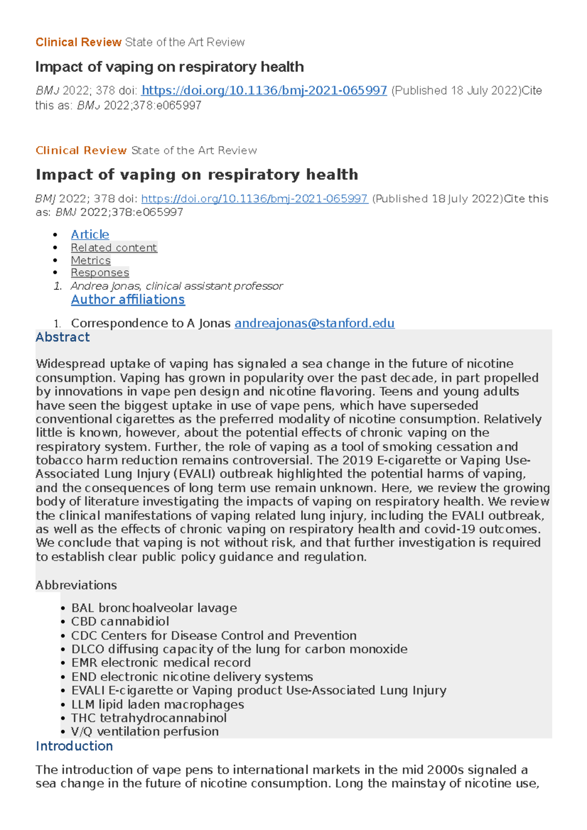Impacts of Vaping - Clinical Review State of the Art Review Impact of ...
