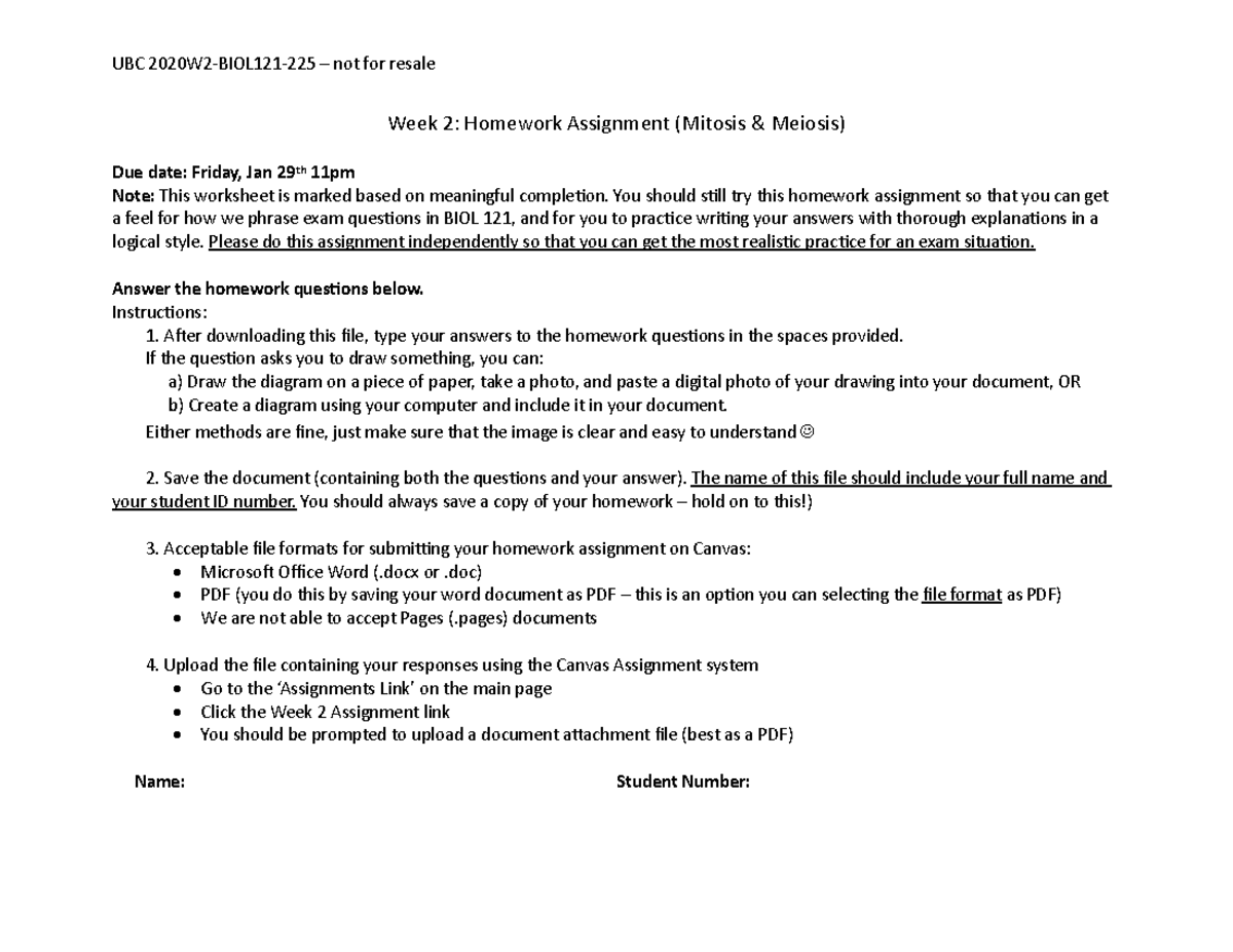 Week 2 Homework Assignment Mitosis And Meiosis Week 2 Homework 8380