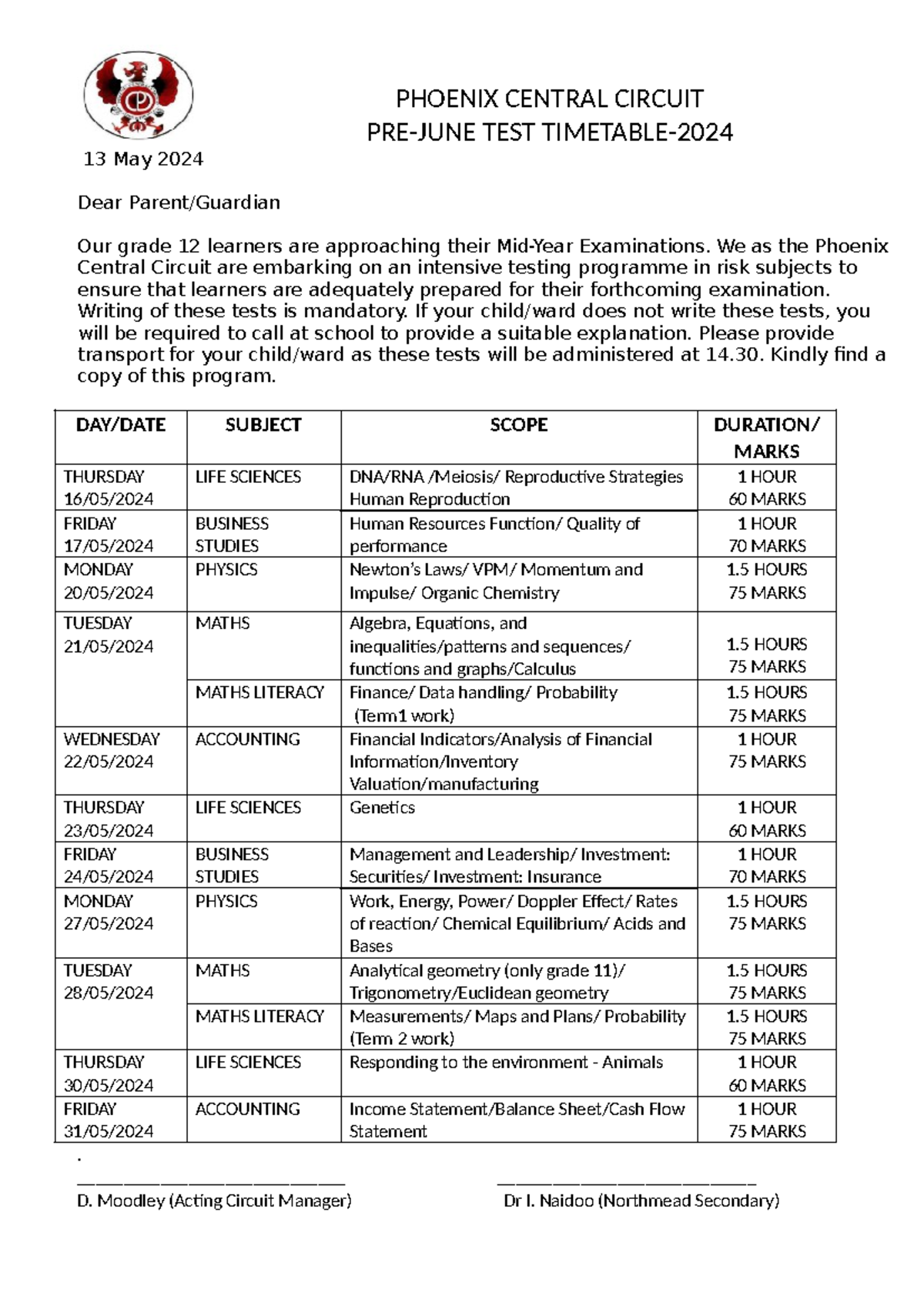 Pre June Tests Timetable - PHOENIX CENTRAL CIRCUIT PRE-JUNE TEST ...