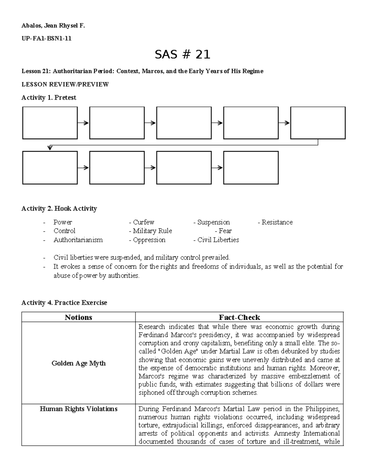 SAS 21 - Sas 21 - Abalos, Jean Rhysel F. UP-FA1-BSN1- SAS # 21 Lesson 21: Authoritarian Period ...