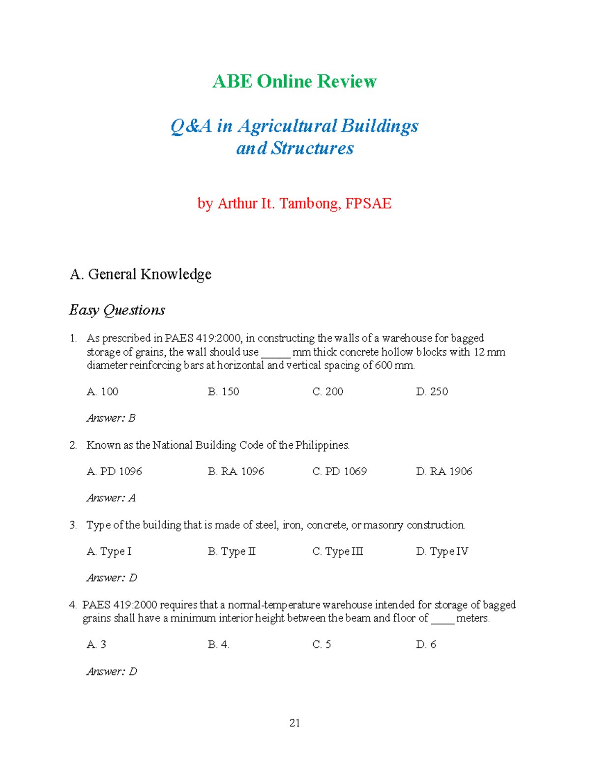Q&A in Agricultural Buildings and Structures - ABE Online Review Q&A in ...