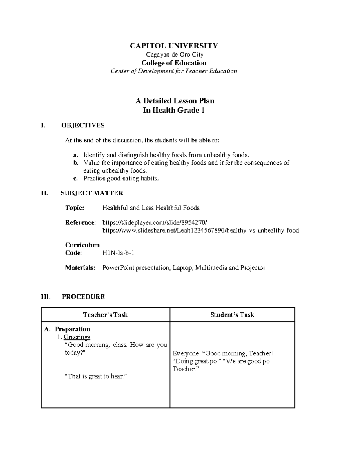 CE94 Tinaco, Jessa May P. - Detailed Lesson Plan in Health Grade 1 ...
