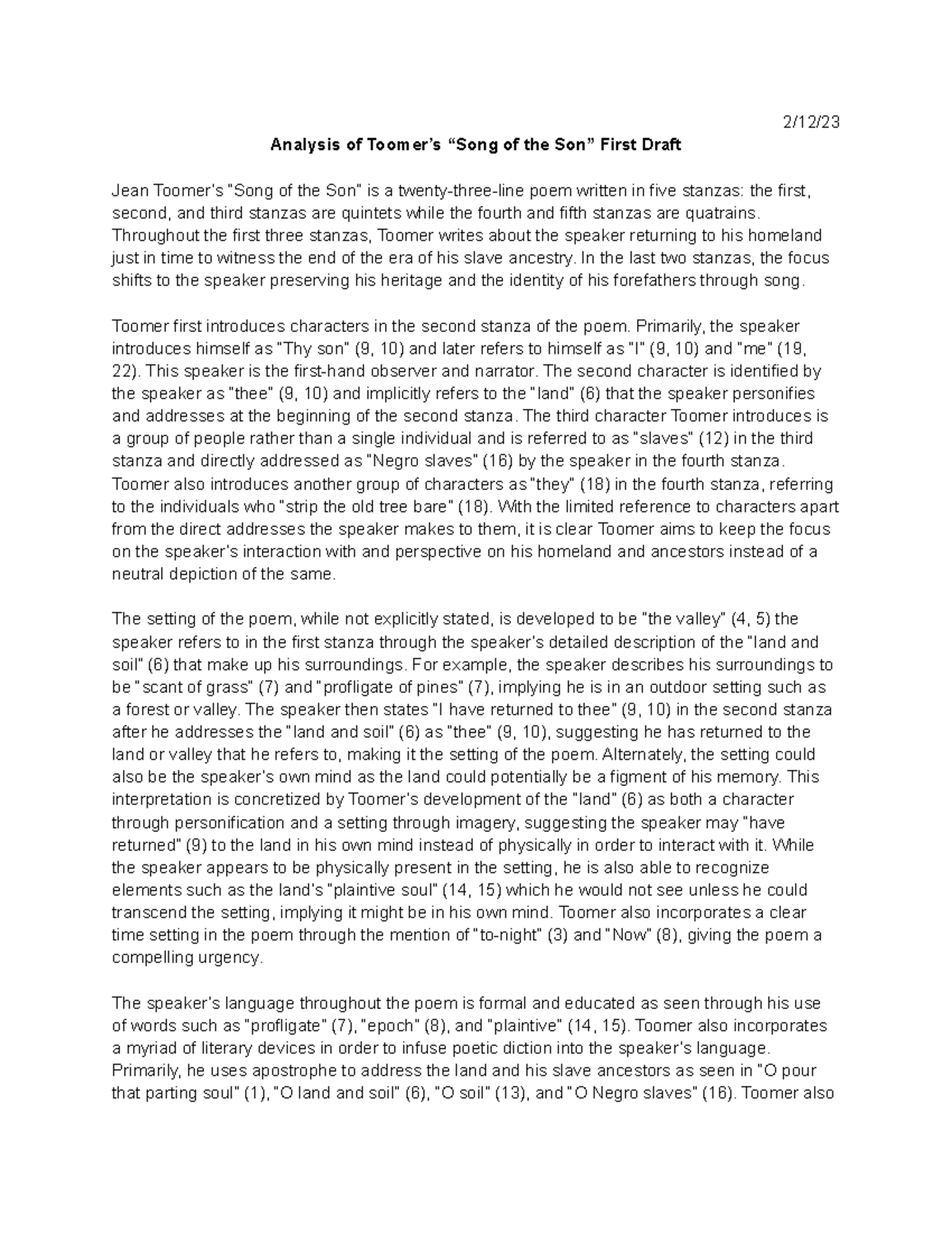 Poetry Analysis Draft 1 - 2/12/ Analysis of Toomer’s “Song of the Son ...