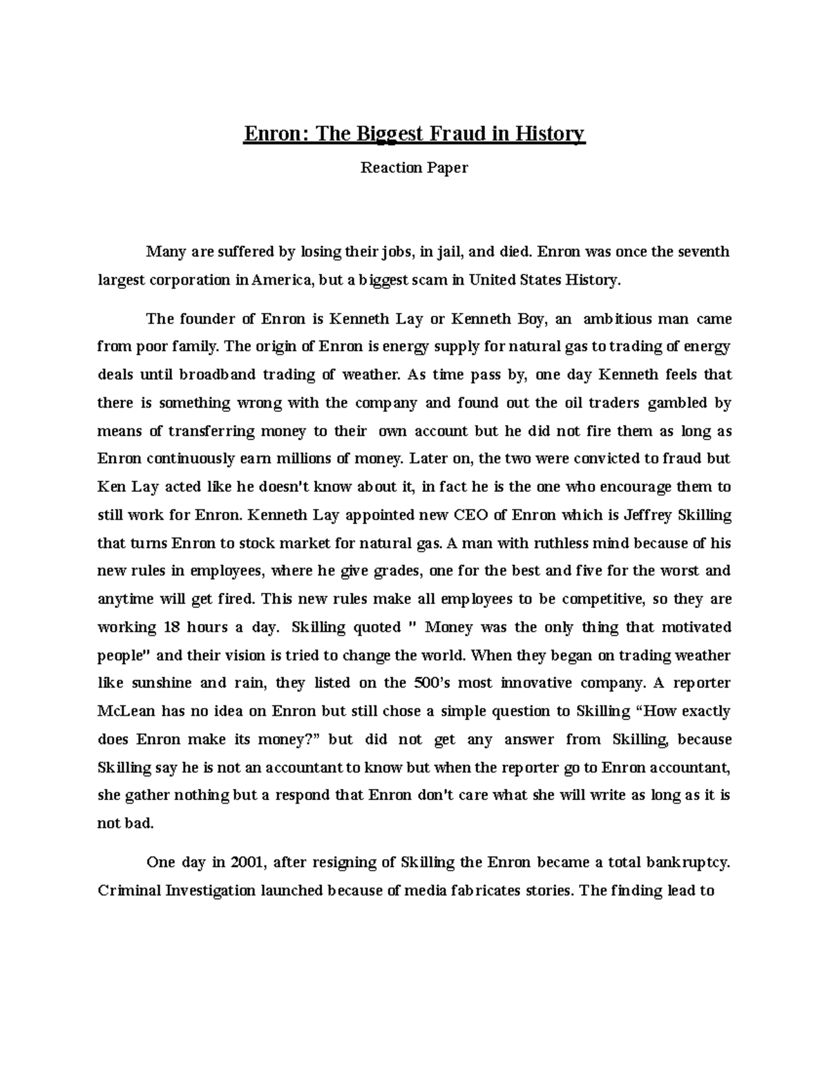 Enron Reaction Paper - Accountancy - Studocu