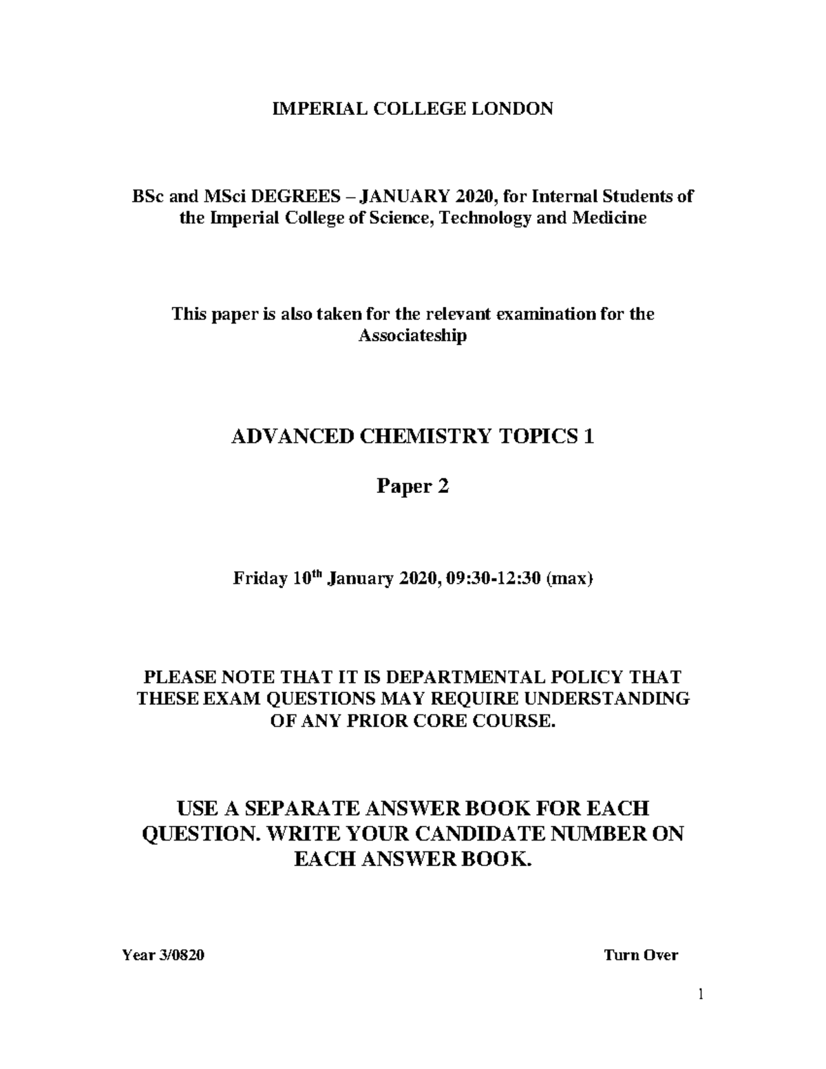 Advanced Chemistry Topics 1 paper 2 January 2020 - IMPERIAL COLLEGE ...