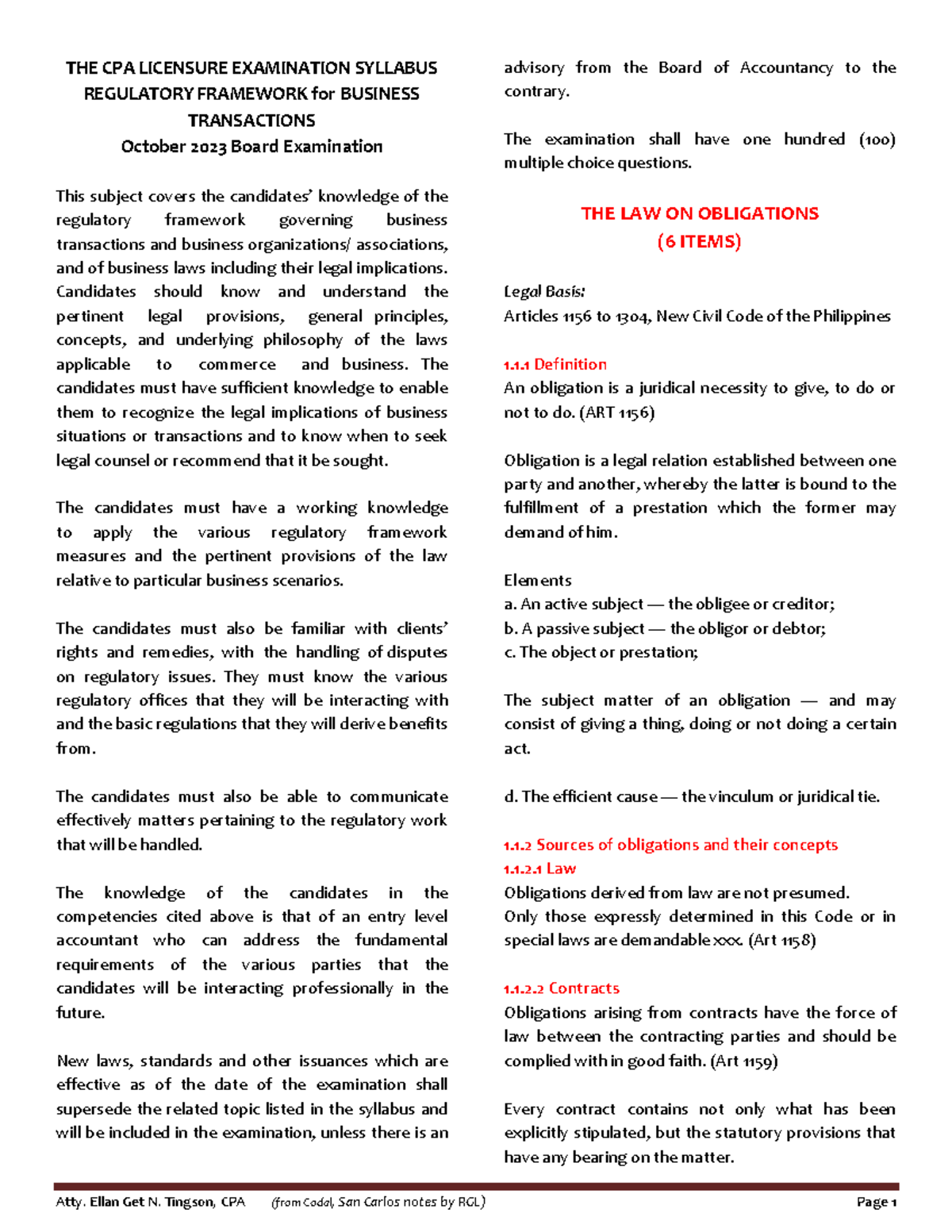 Handout RFBT 1st session - THE CPA LICENSURE EXAMINATION SYLLABUS ...