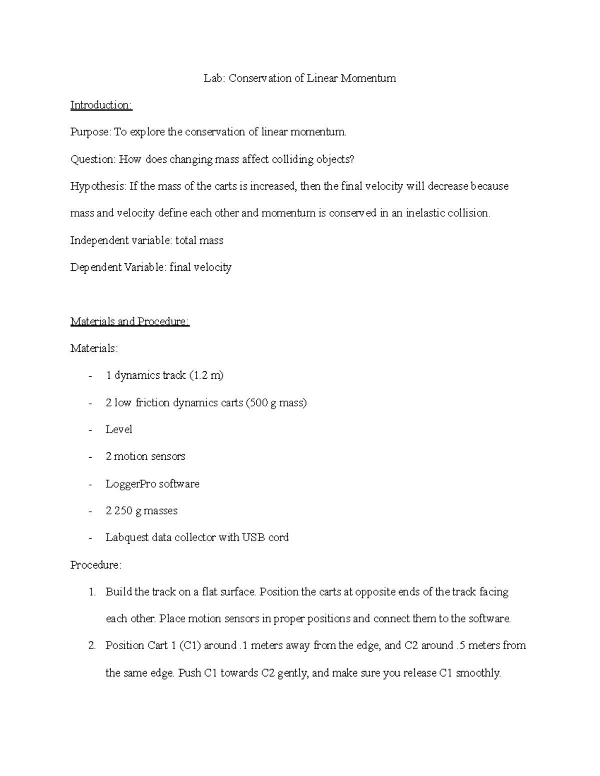 Lab Report Conservation of Linear Momentum - Lab: Conservation of ...