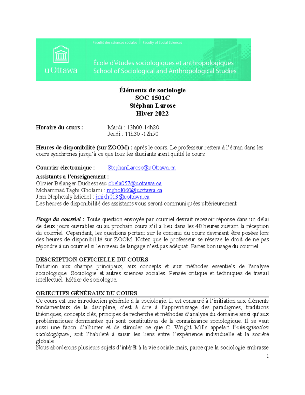 Syllabus 1501C - syll - Éléments de sociologie SOC 1501C Stéphan Larose ...